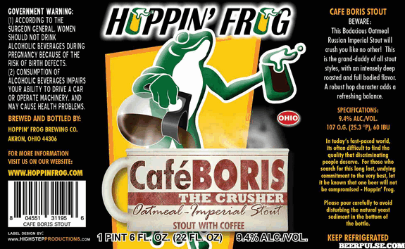 Hoppin’ Frog Café BORIS The Crusher Oatmeal Imperial Stout label ...